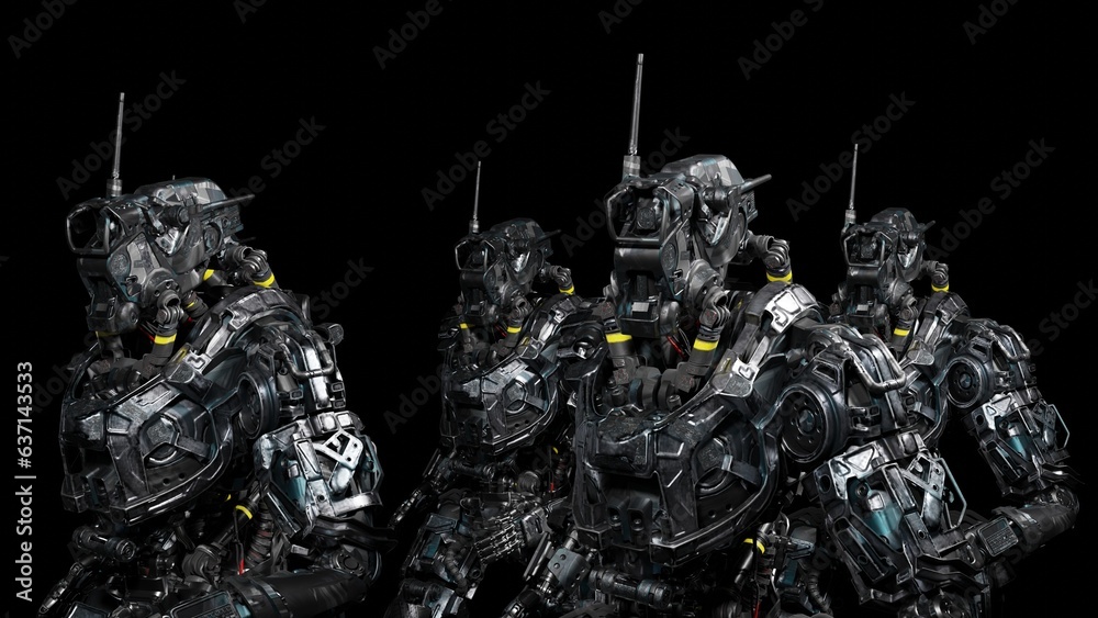 robot squad, cyborgs, synchronous movement, running motion, background ...