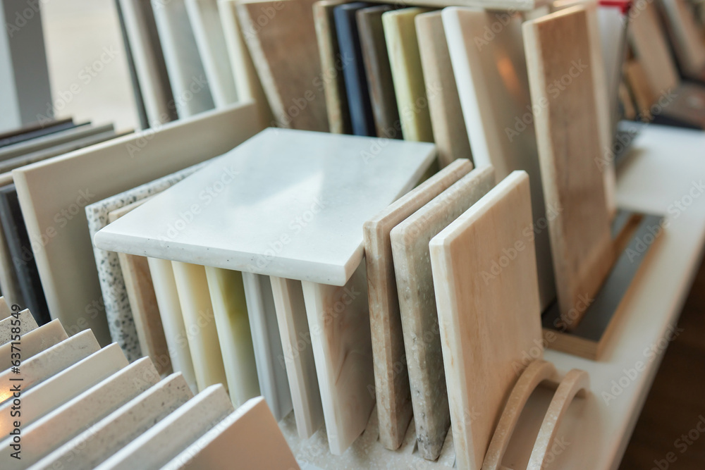 Exposition of ceramics in a showroom new tiling option for floors and ...