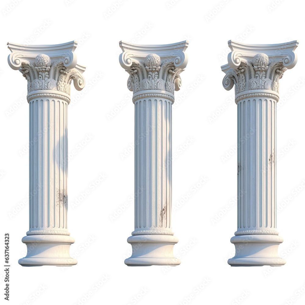 Three white marble columns ancient Roman pillars against a transparent ...