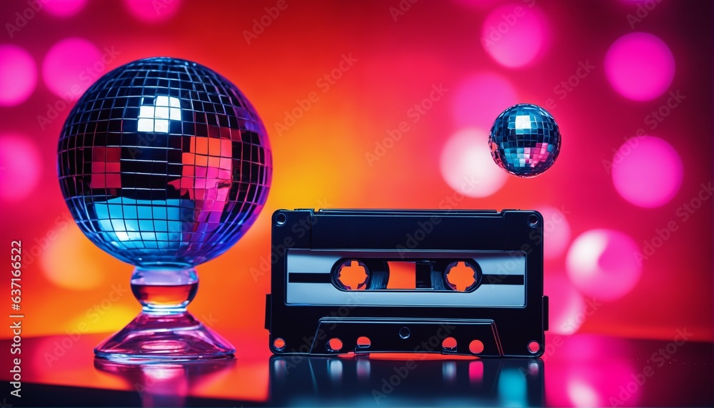 90s vintage music and Y2K trend: neon background with cassette tape ...