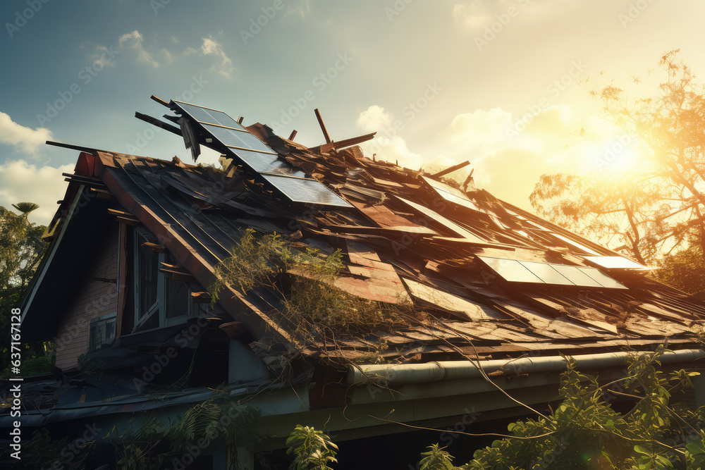 Solar panel on home roof sun system. Destroyed after the hurricane ...