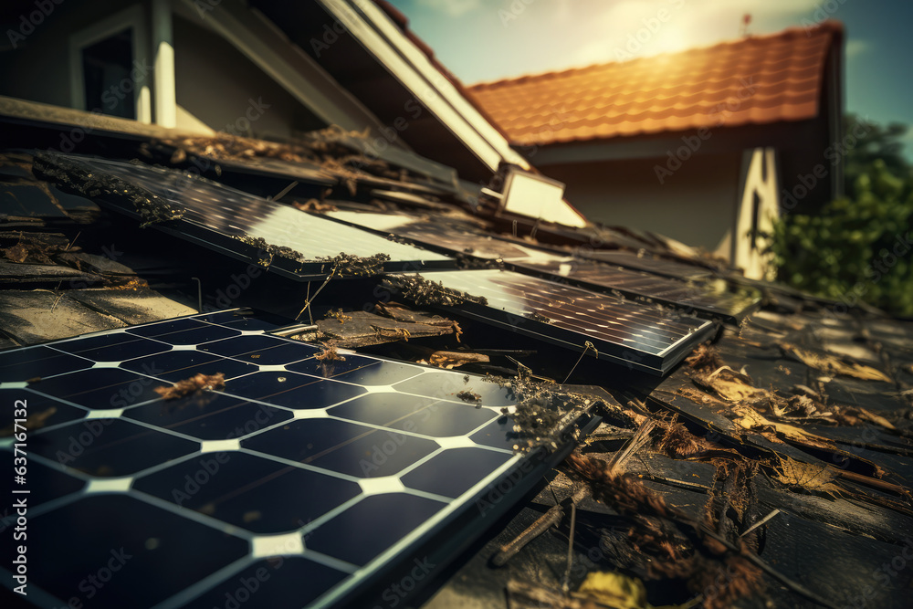 Solar panel on home roof sun system. Destroyed after the hurricane ...