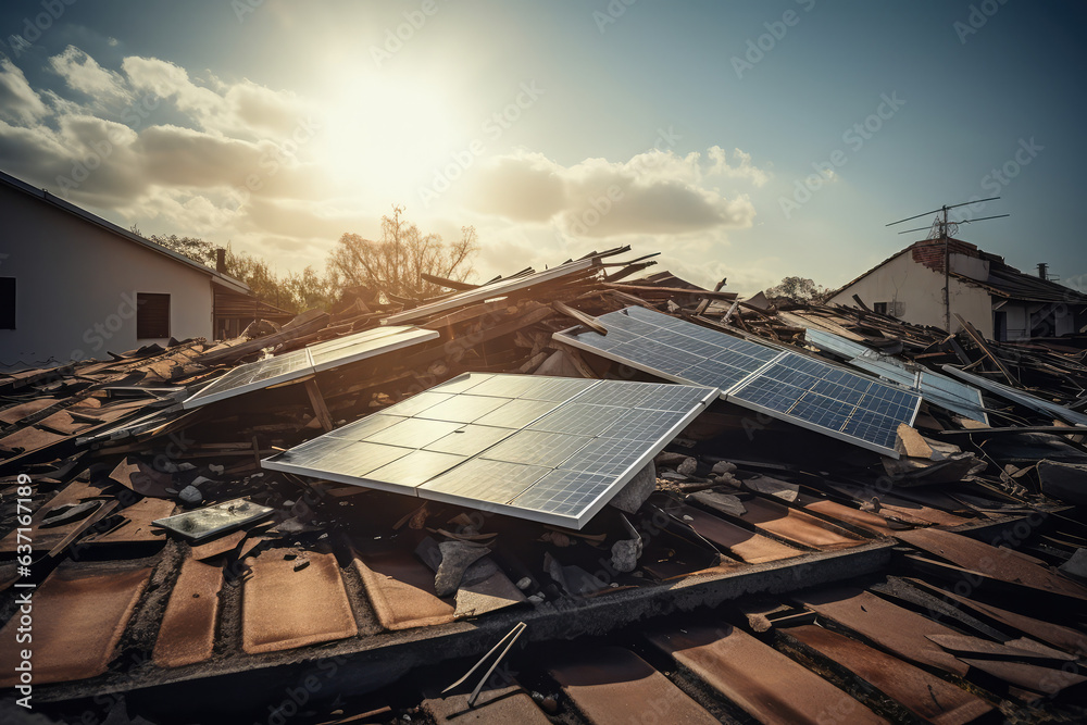 Solar panel on home roof sun system. Destroyed after the hurricane ...