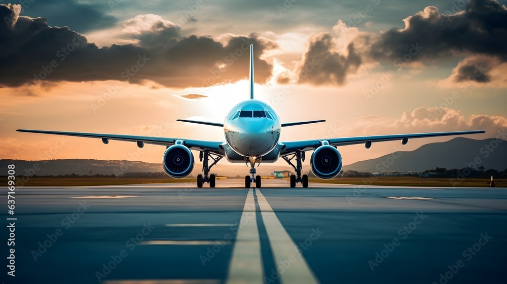 busy scene at the airport as a commercial aircraft prepares for takeoff ...