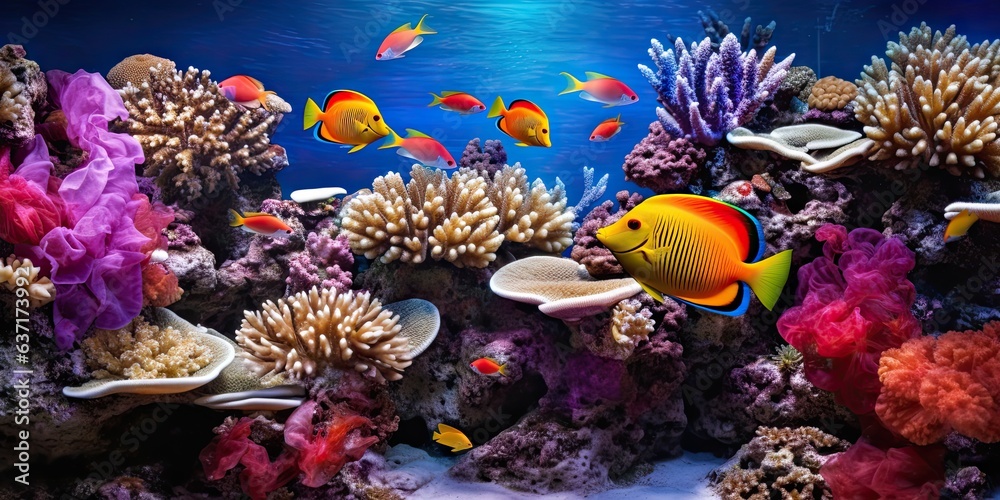 Exploring wonders. Colorful aquarium world. Aquatic paradise. Exotic ...