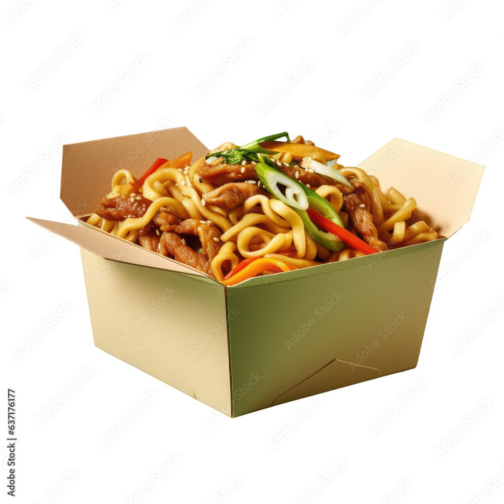 Wok noodle box with pork and udon a tasty Chinese and Asian takeaway ...
