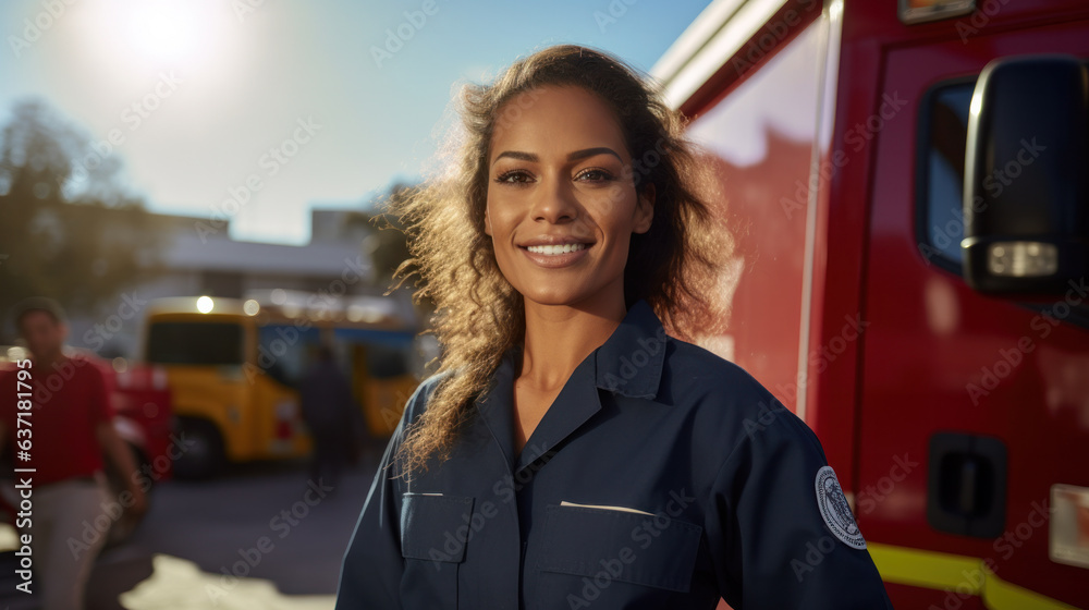 Portrait of a Female EMS Paramedic Proudly Standing in Front of Camera ...
