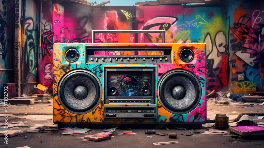 Vintage 80s ghetto blaster set against a vibrant, colorful graffiti ...