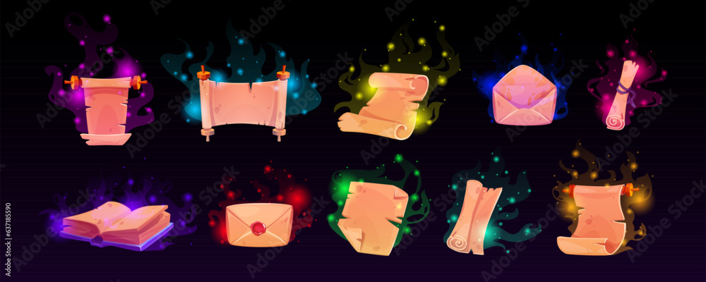 Game magic scroll parchment and wizard book ui icon. Fantasy ancient ...