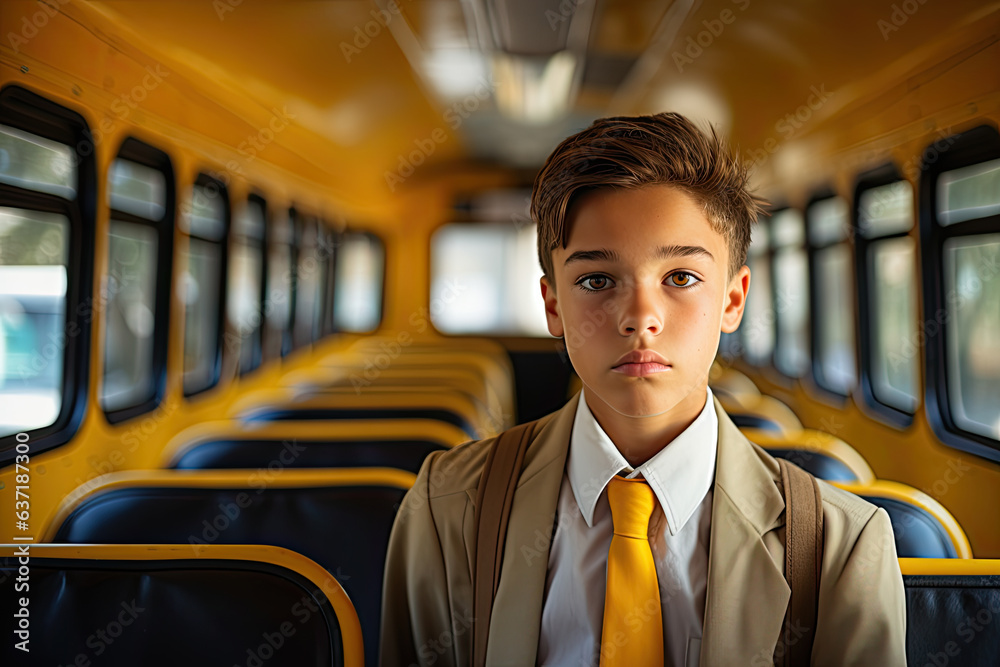 Elementary school boy at the front of the school bus queue Stock Photo ...