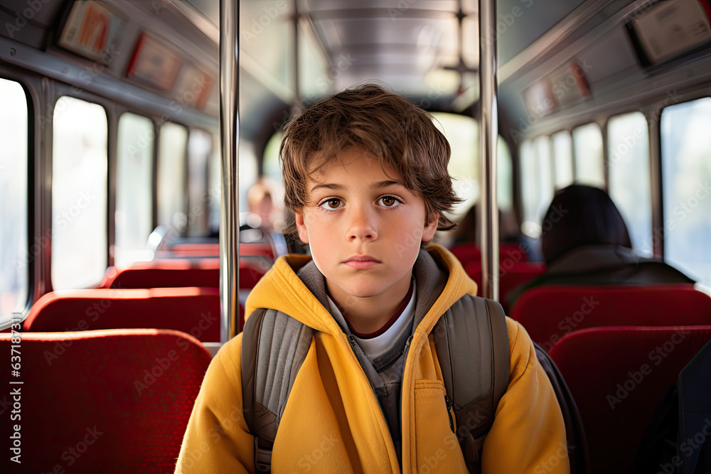 Elementary school boy at the front of the school bus queue Stock Photo ...