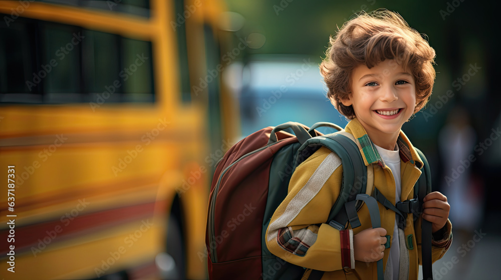 Elementary school boy at the front of the school bus queue Stock Photo ...