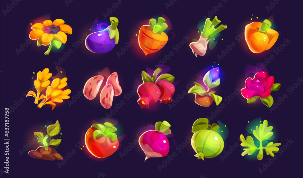 Farm and gardening ui game fruit and vegetable set. Isolated food item ...