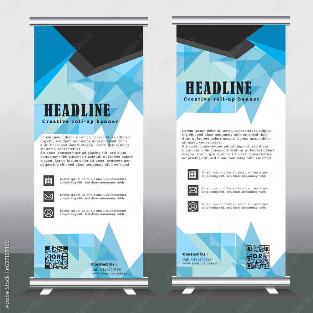 roll up banner design and vector template. blue and black color ...