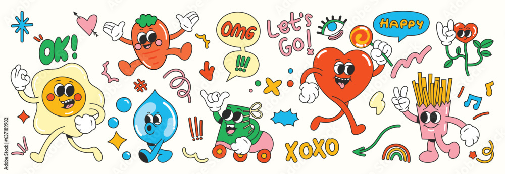 Set of fun groovy element vector. Collection of cartoon characters ...