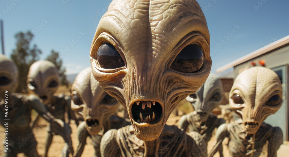 Photorealistic pastiche of aliens taking a group photo in a desert ...