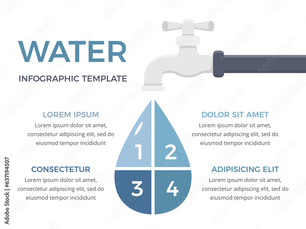 Infographic template with tap and water drop divided on four elements, water infographics ...
