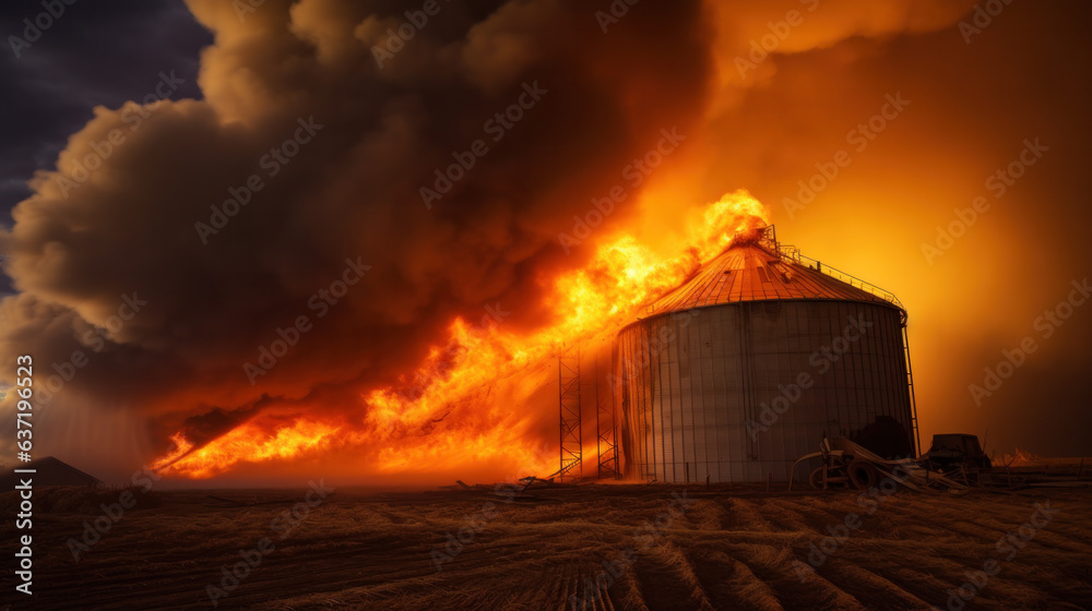 Fire at Modern Granary elevator. Silver silos on agro-processing and ...
