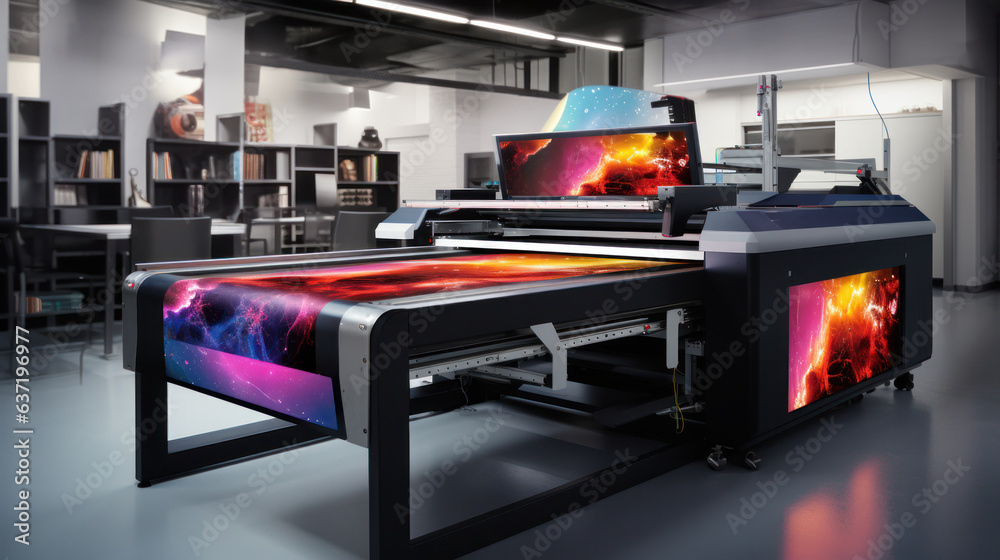 Interior of modern office printshop with multifunctional professional ...