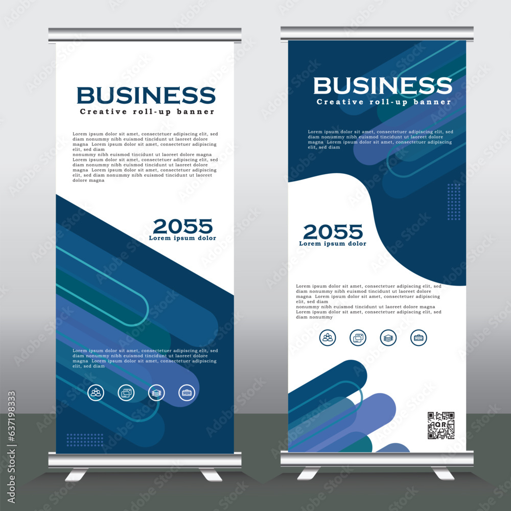 roll up banner design and vector template. blue color, standee banner ...