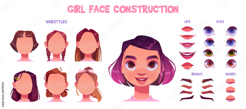 Teen girl face construction set isolated on white background. Vector ...