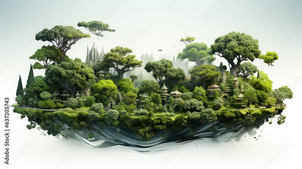 illustration of Floating island with beautiful flying land green forest ...