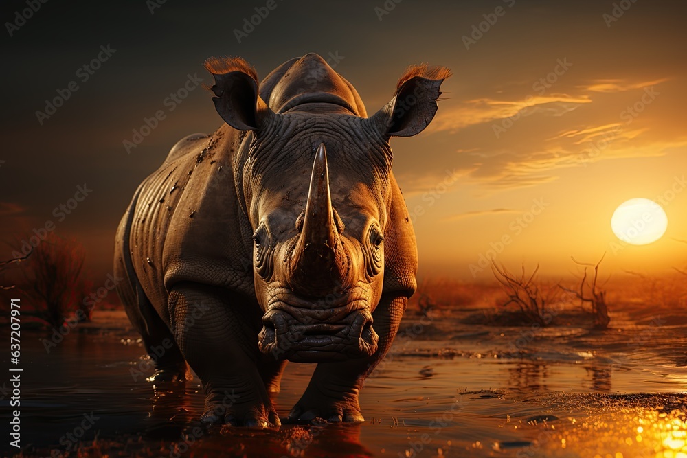 Rhino's Grandeur: A rhinoceros, horned and majestic, traversing the ...