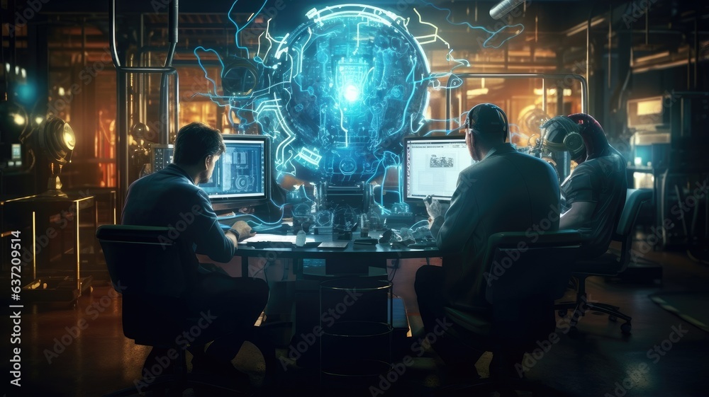 Engineers brainstorming around a high-tech workstation, embodying the ...