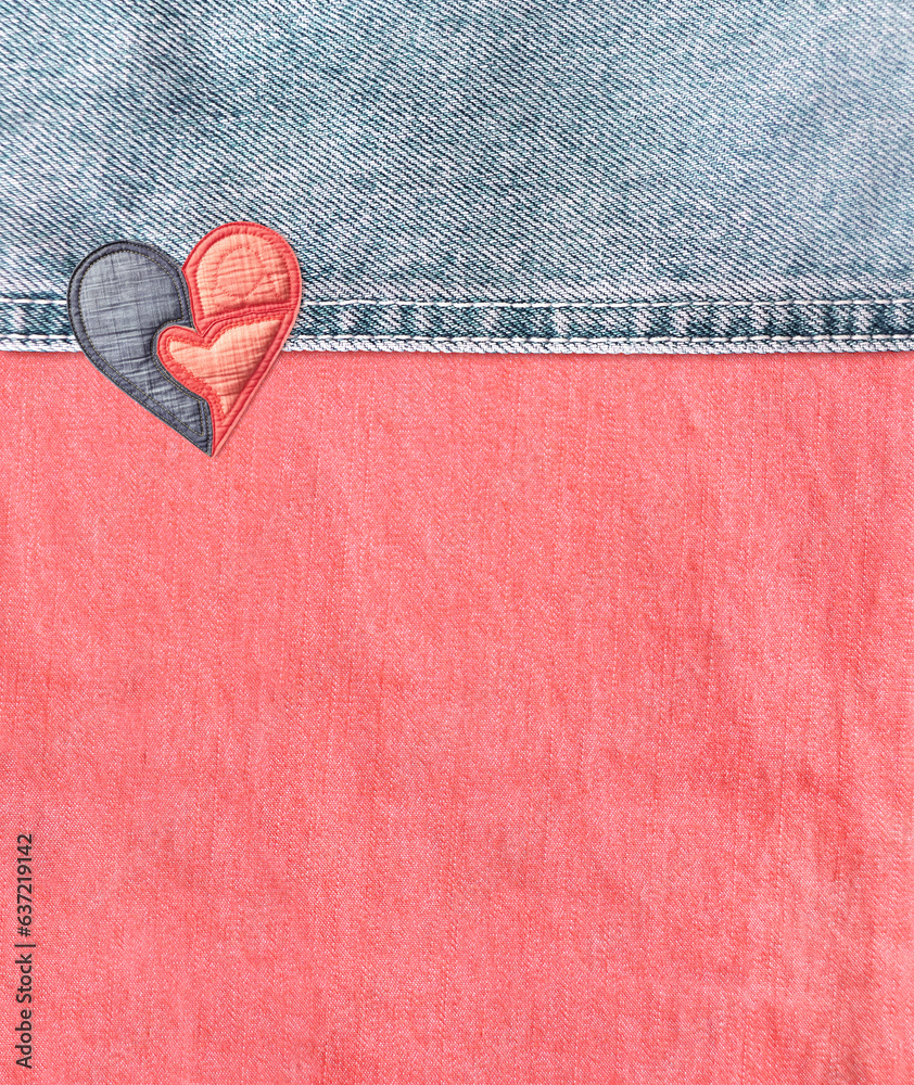 Pink and light blue denim background with a seam and felt heart. Coral ...