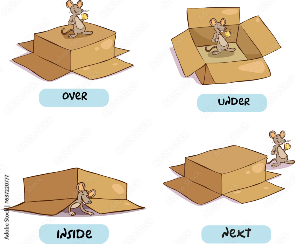 vector illustration of mouse and box.Preposition of place and movement ...