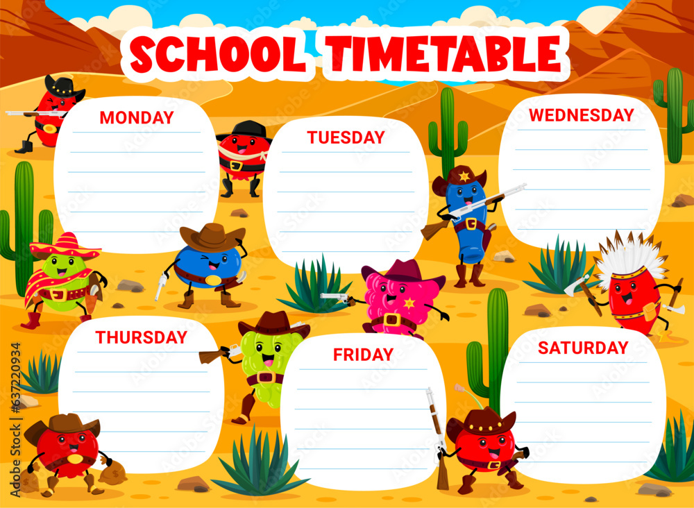 Vetor do Stock: Timetable schedule. Cartoon Western berry cowboy ...