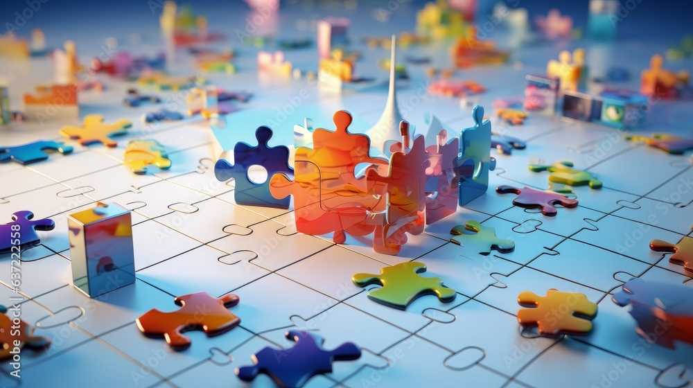 Remote Team Puzzle: Pieces of a puzzle scattered across a virtual space ...