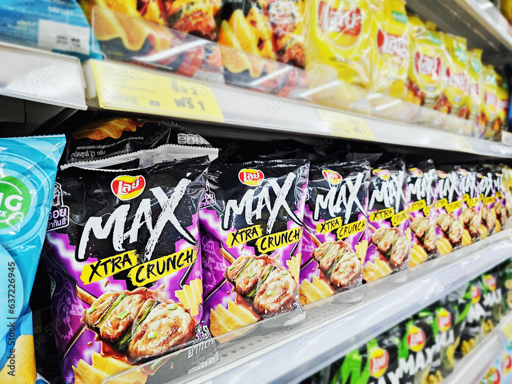 Various Potato Chip Flavours in Thailand on market shelves. Window ...