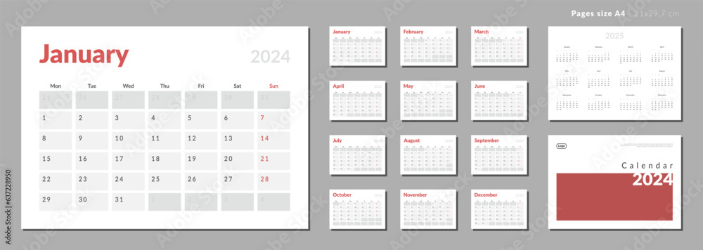 Set of Monthly pages Calendar Planner Templates 2024-2025 with note for ...