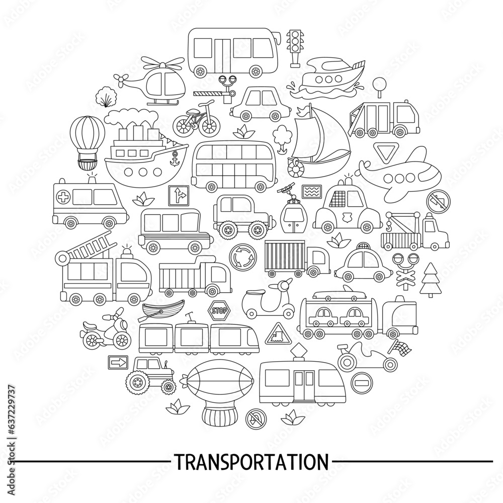 Vector black and white transportation round frame with bus, car, boat ...