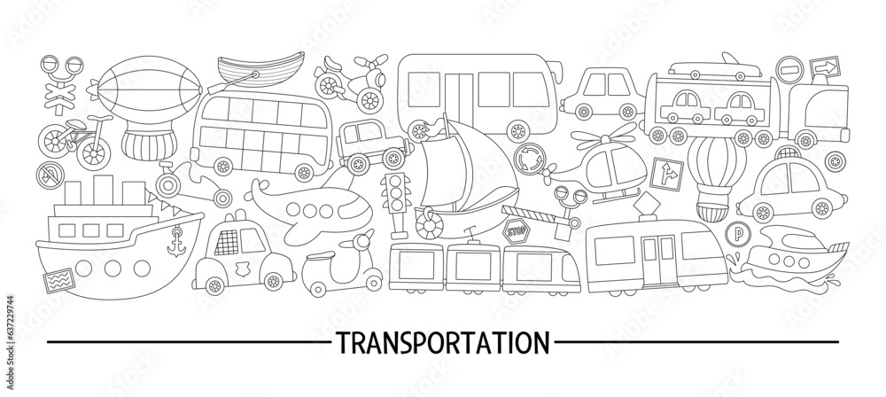 Vector black and white transportation horizontal set with different ...