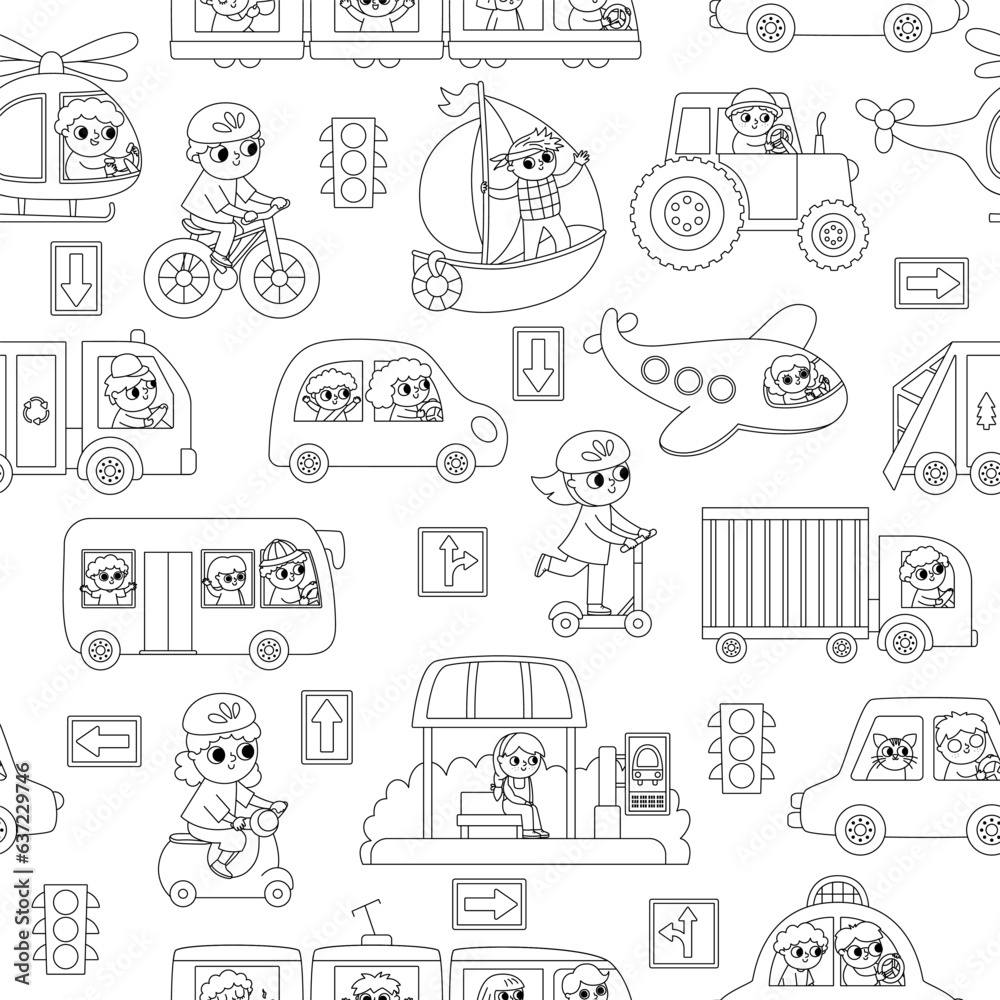 Vector black and white transportation seamless pattern with children ...