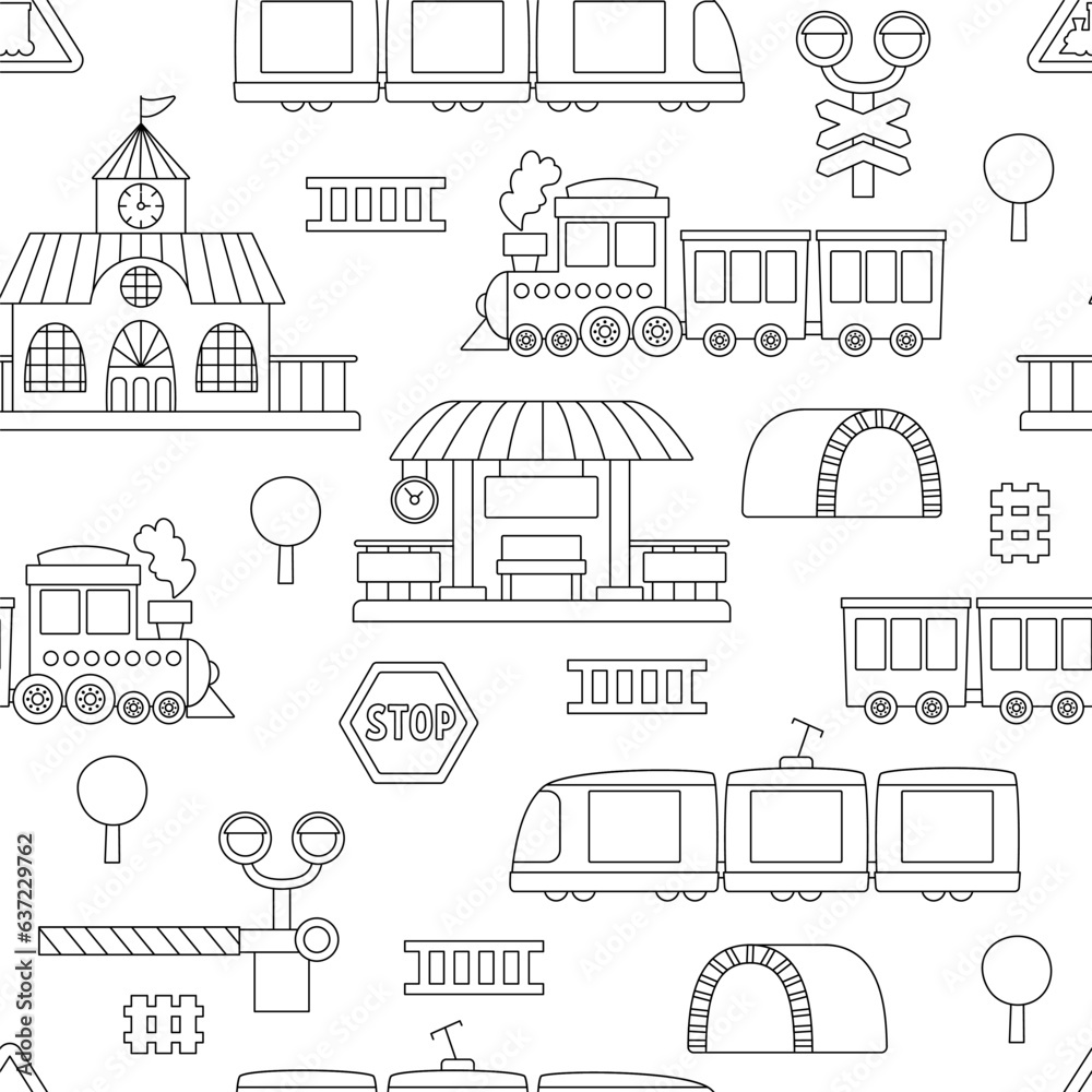 Vector black and white railway transport seamless pattern. Funny line ...
