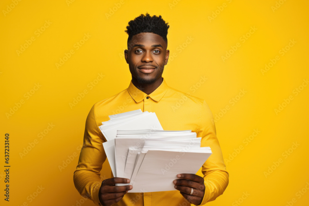 Man Holding Paperwork Wearing Shirt Black Man Yellow Background Work ...