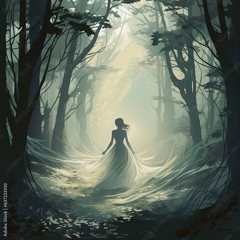 A young ghost woman in a white wedding dress among dense trees and fog ...