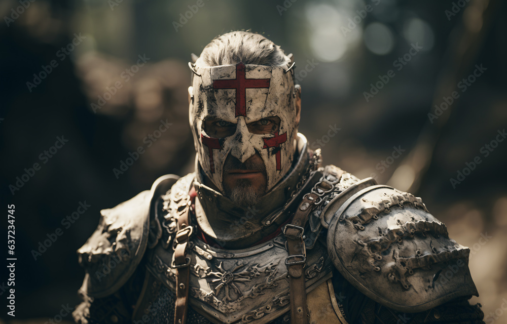 An eye-level capture of a templar knight with red cross cover mask, a ...