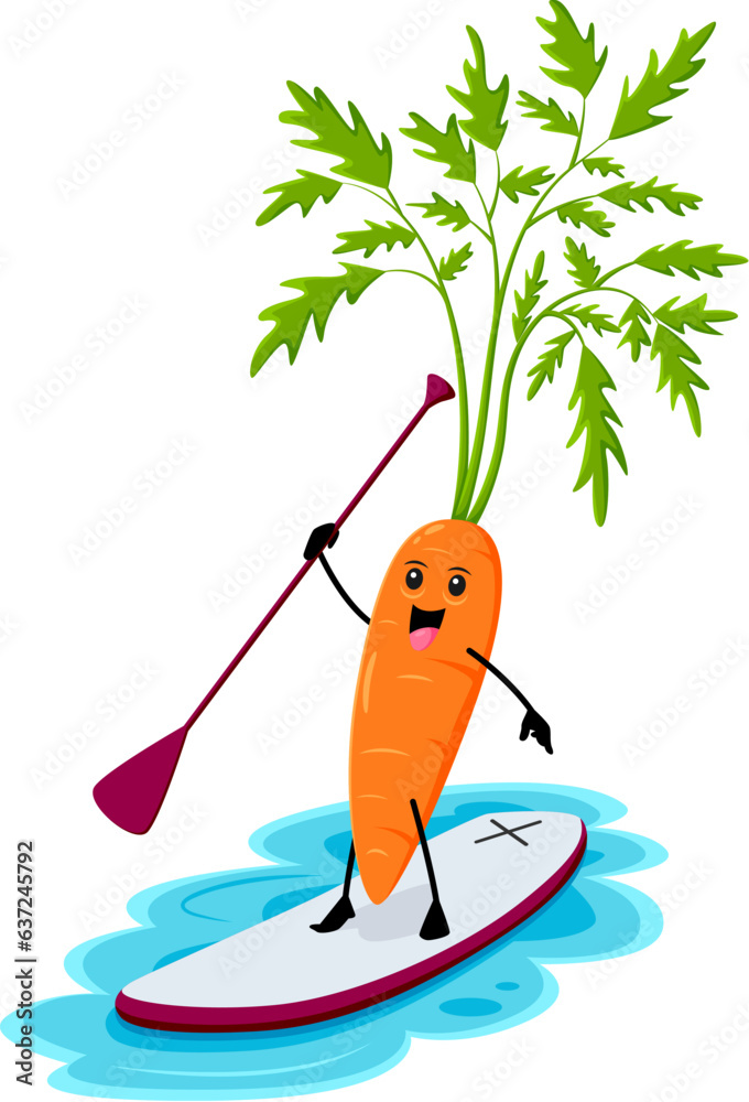 Cartoon cheerful carrot vegetable character float on supboard with ...