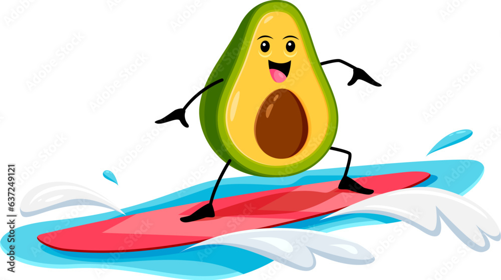 Cartoon mexican avocado surfer character. Vector fresh tropical fruit ...