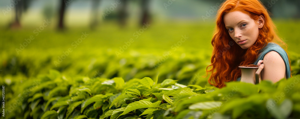 Captivating Redhead Woman In Tea Picking Activity Exuding Charisma 4773