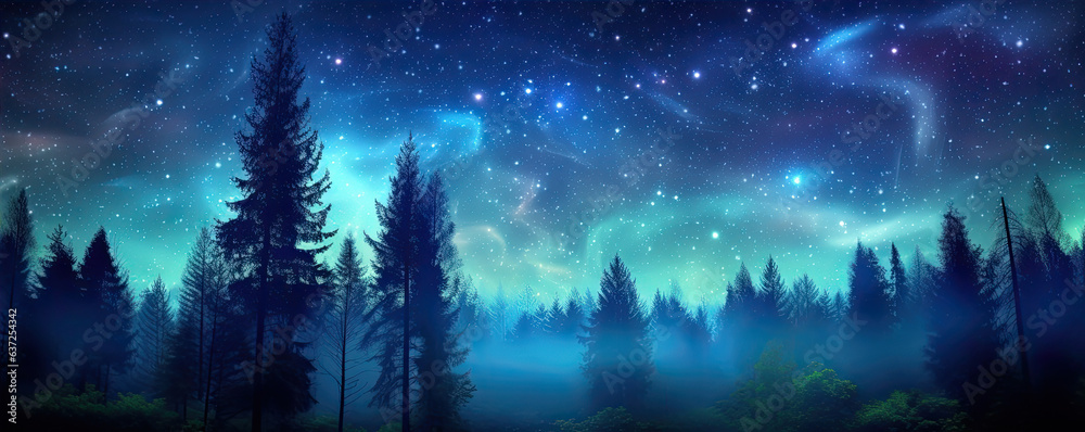 Night sky scene with time laps. Stars falling wide. Night forest in ...