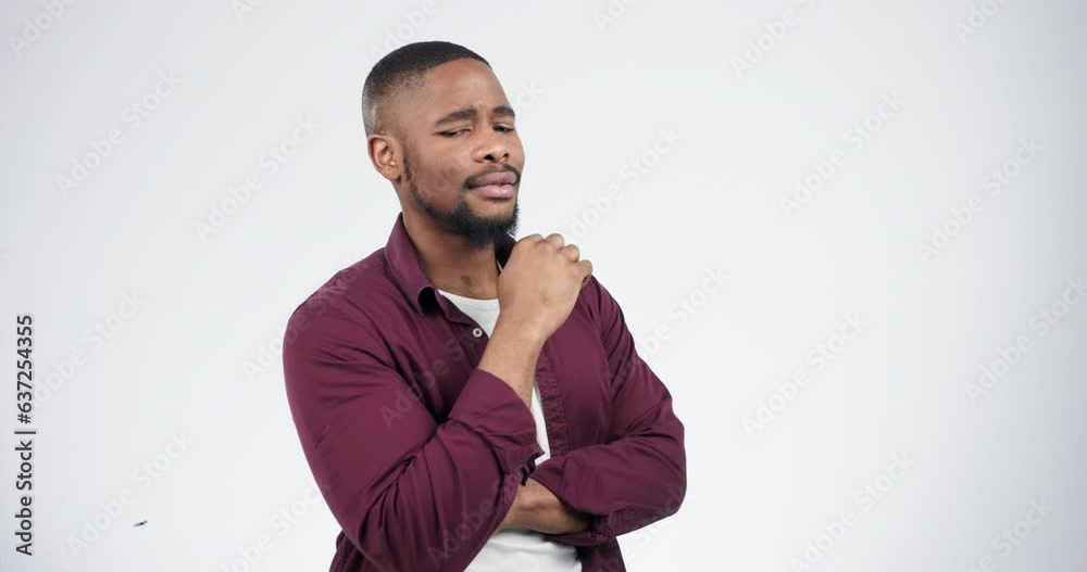 Wtf, doubt and face of black man in studio with arms crossed, offended ...