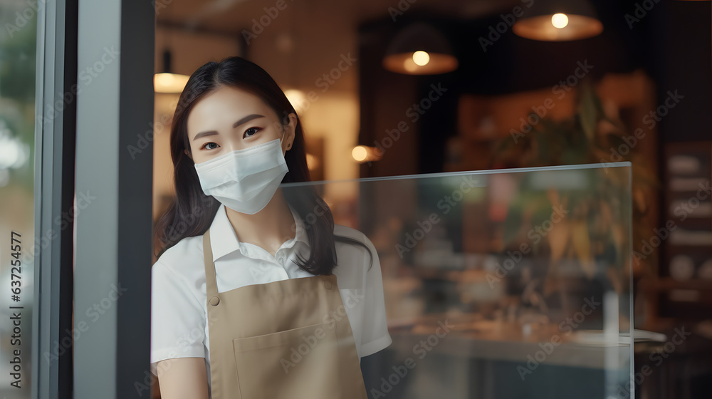 Woman coffee shop with face mask opens after lockdown quarantine. Open ...