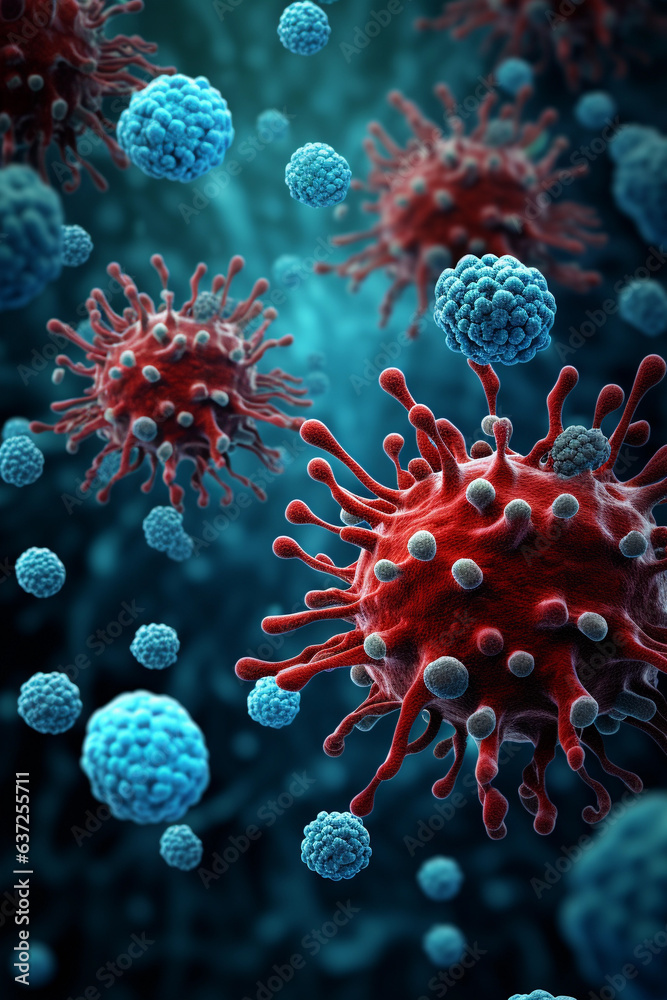 ภาพประกอบสต็อก a magnified view of T cells with vibrant colors ...