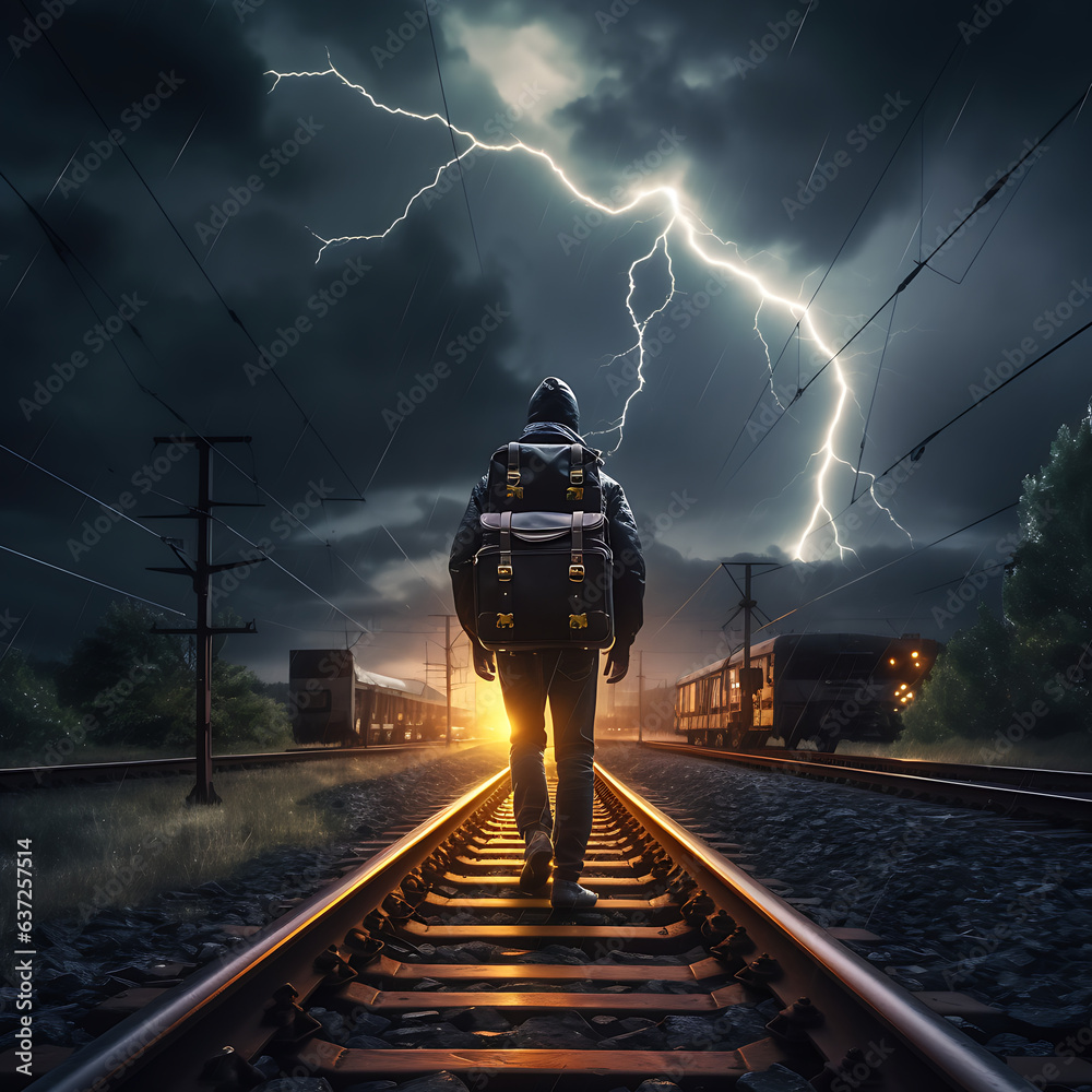 man carrying heavy luggage on back, rainy, storm, lightning ...