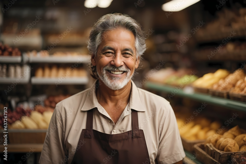 A 60 years old man store worker smiles. Retail store, grocery, bakery ...